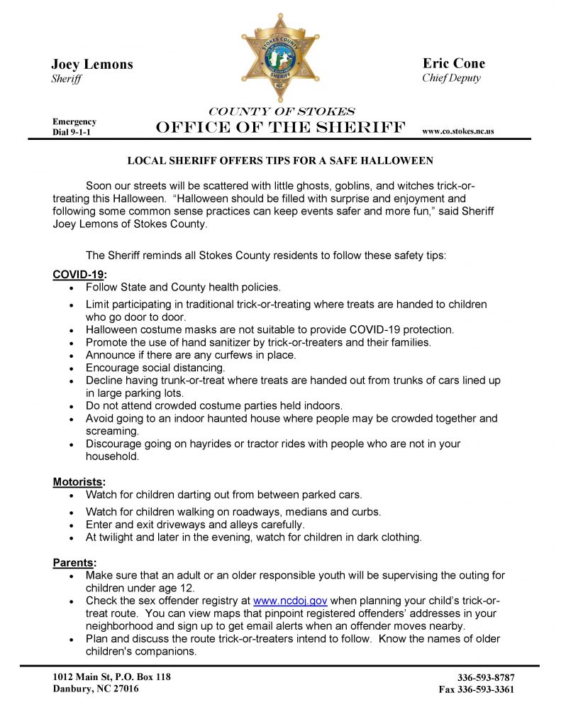 Official Announcement: Stokes County Sheriff’s Office Halloween Tips ...